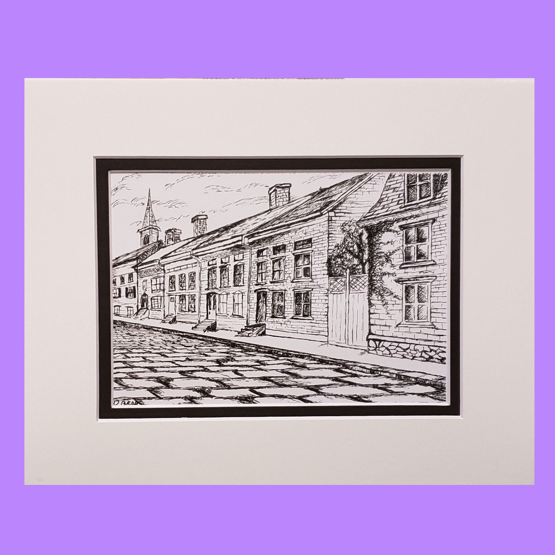 Pen and Ink Old Town Colonial Row Houses, Original Art Print, 8x10 Mat ...