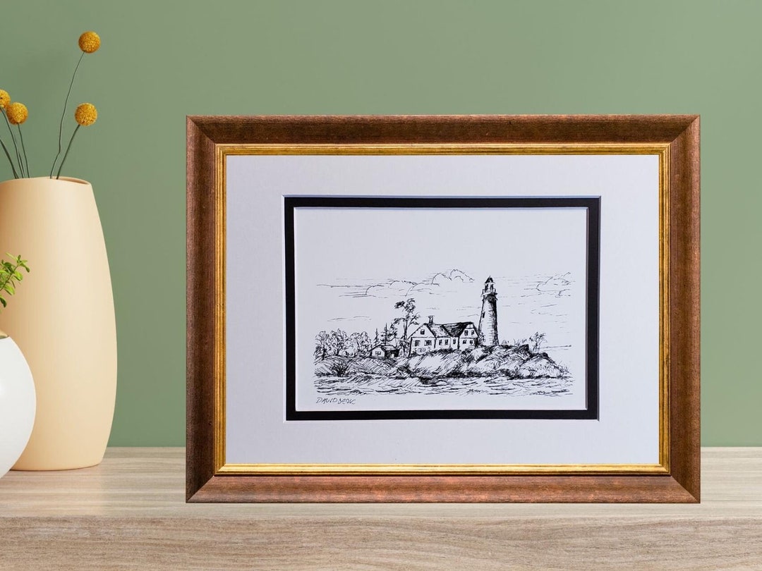 Coastal Lighthouse Drawing Maritime Wall Art Pen & Ink Black and White ...