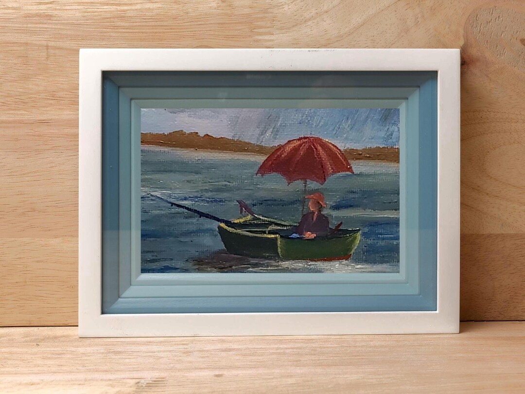 Rainy Day Fishing Lady in Boat 5x7 Wall Art Painting in 8x10 Mat, Woman ...
