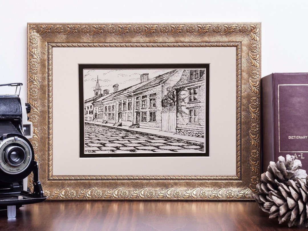 Vintage Street Scene Old Town Row Houses Hand Drawn Sketch Wall Art ...
