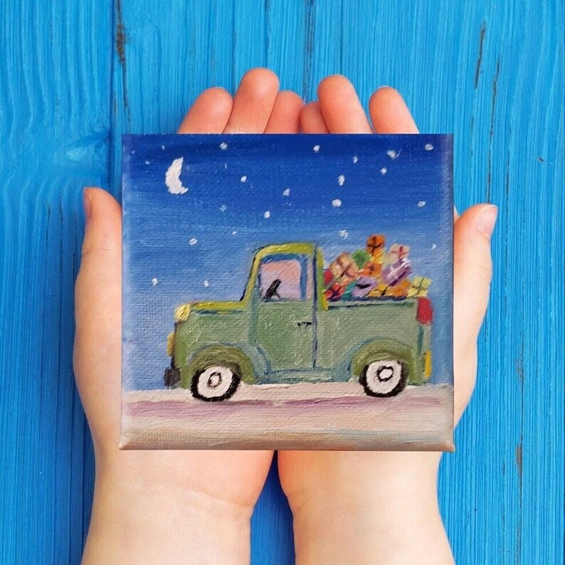 Mini 4x4 Canvas Painting, Pickup Truck Delivery Brings Presents at ...