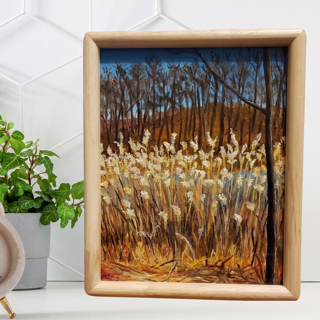 Golden Cattails Meadow Framed Oil Painting: 8x10 Rustic Wildflowers ...