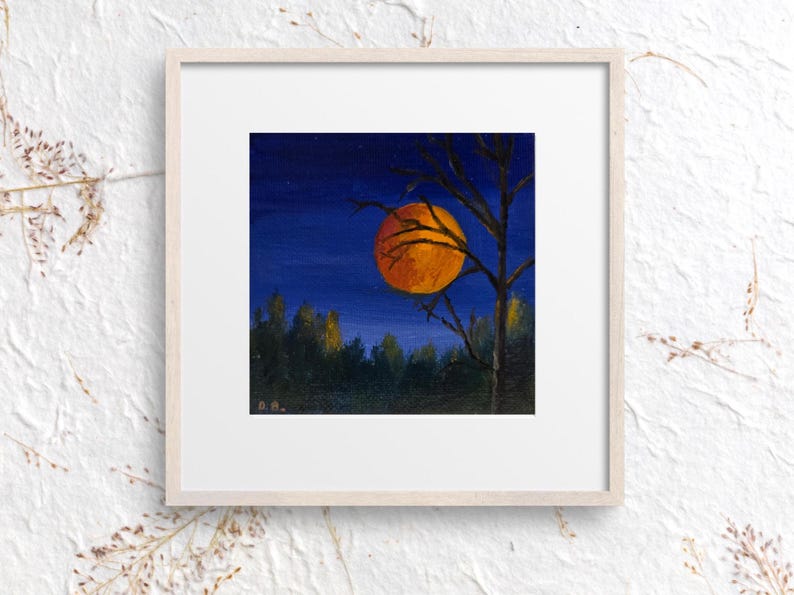 Harvest Moon Mini Oil Painting, Forest Sky, 4x4 Full Moon Small Nature ...