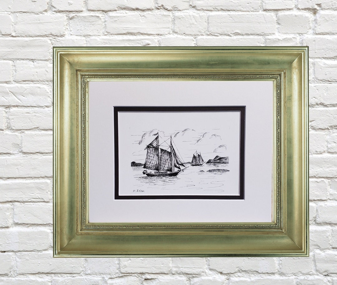 Vintage Sailing Schooners Hand Drawn Nautical Monochromatic Maritime ...
