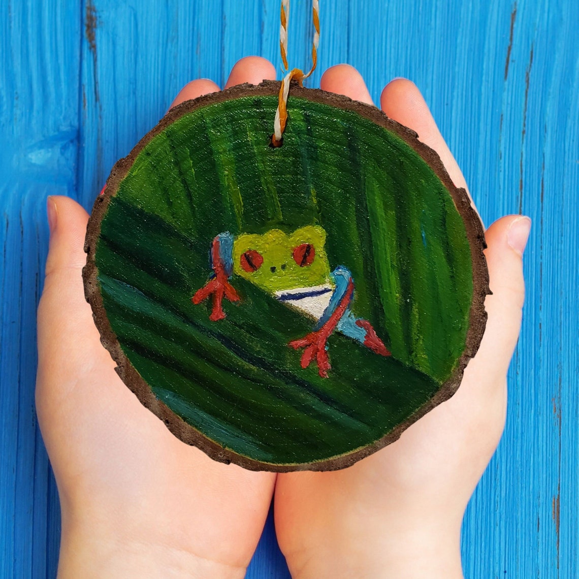 Red Eyed Tree Frog Peeking on Leaf Hand Painted Oil Painting on Pine ...