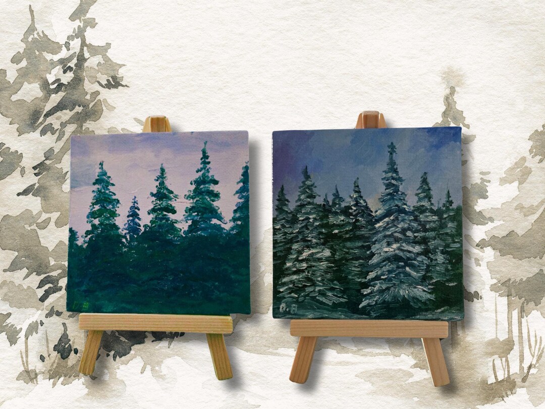 Evergreen Forest Mountain 4x4 Oil on Canvas Winter Woods Snowy Pines ...