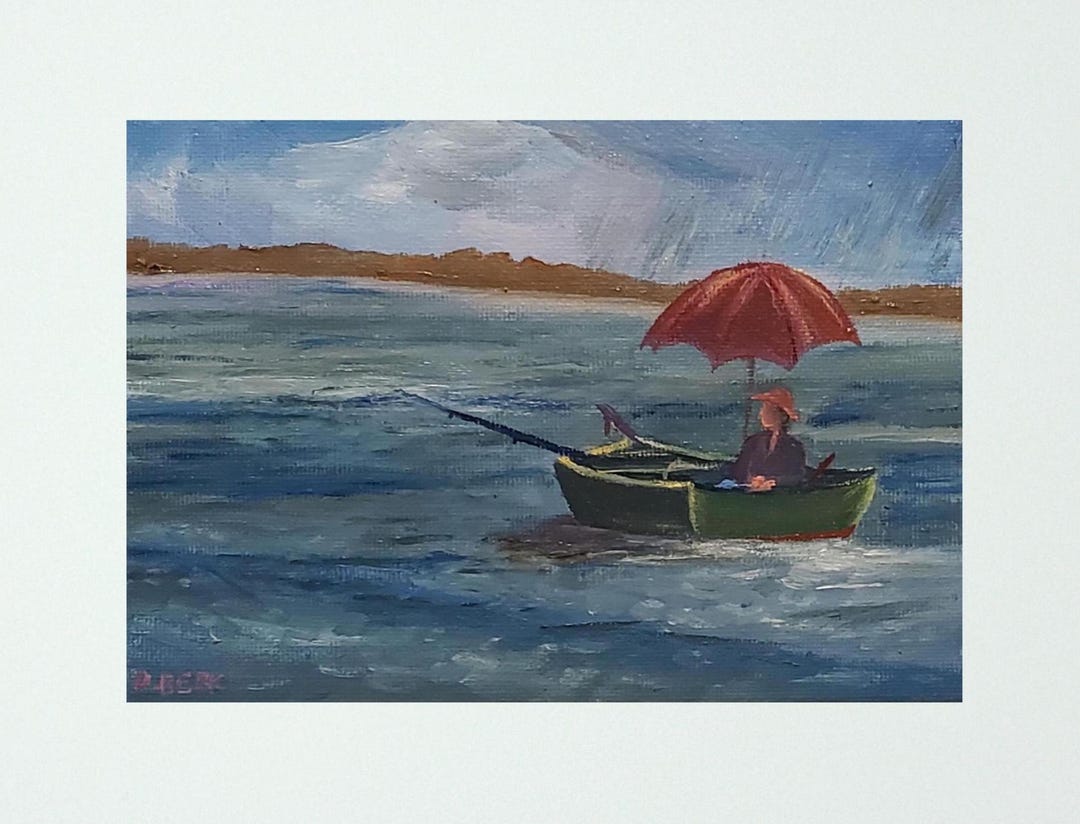 Green Rowboat in Rough Seas Rainy Day Fishing 5x7 Matted Painted Canvas ...