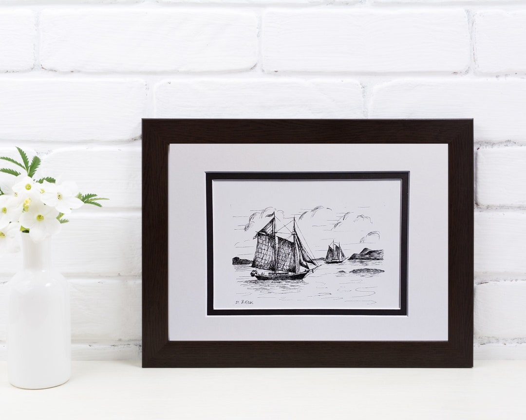 Vintage Fleet of Schooner Sailboats Matted Nautical Maritime Drawing ...