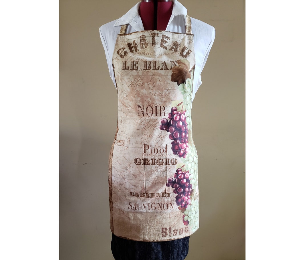 Wine Lovers Full Apron, Beige Apron With Wine Print, Grape Print Apron ...