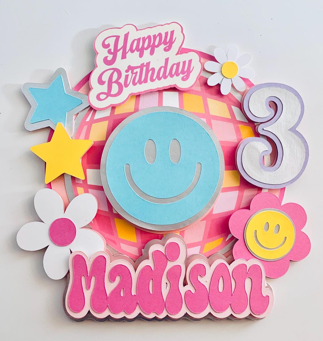 Happy Face Cake Topper/ Smiley Face Groovy Cake Topper/ Smiley Face ...
