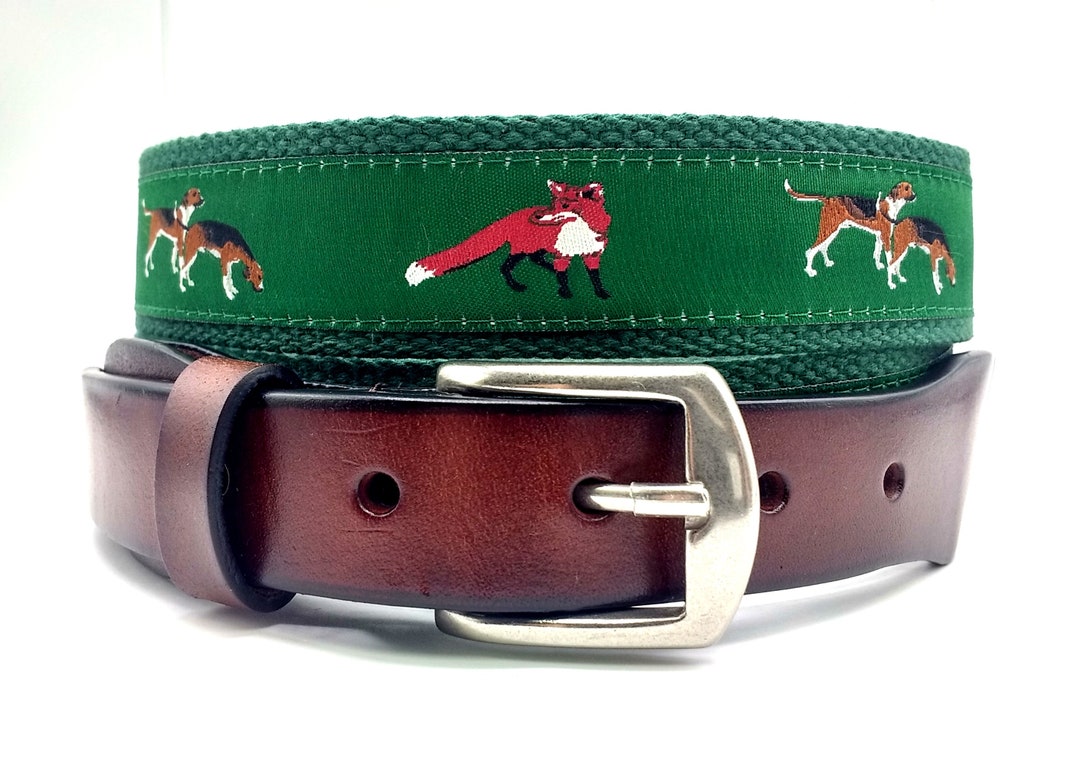 Fox Hunt Belt/jacquard Woven Ribbon Belt/leather Tabs/solid Brass ...