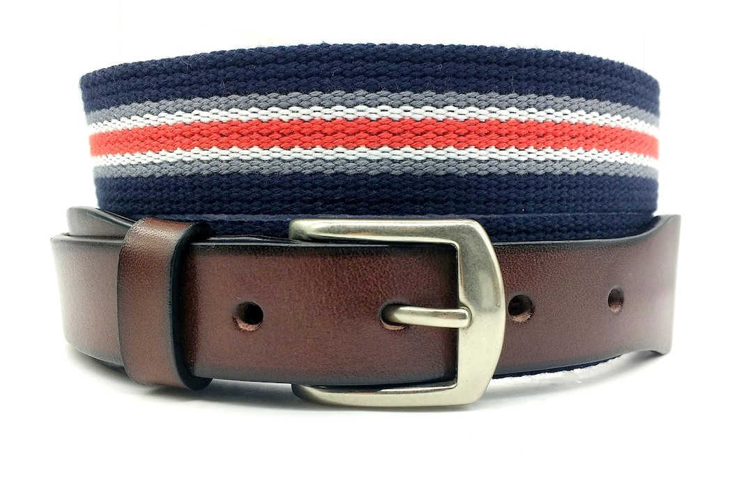 Men's Navy Stripe Webbing Belt/leather Stripe Webbing Belt/tapered Top ...