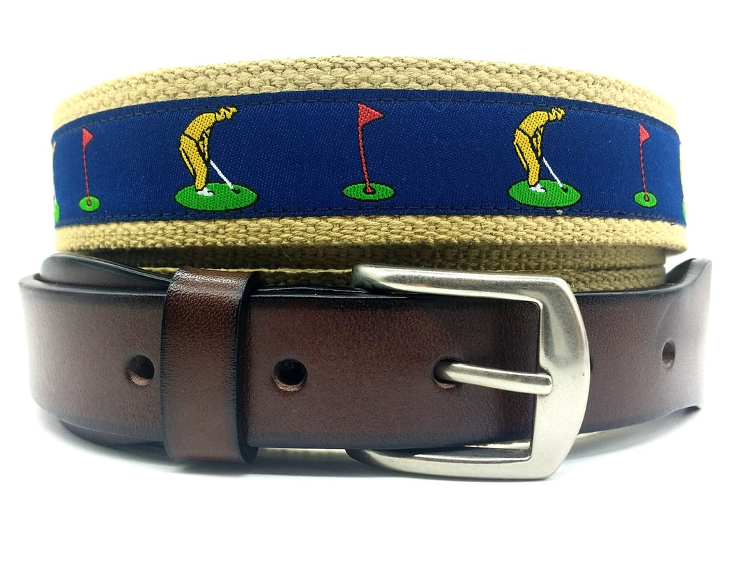 Men's Golf Belt/jacquard Golf Putting Ribbon Belt/tapered Leather Tab ...