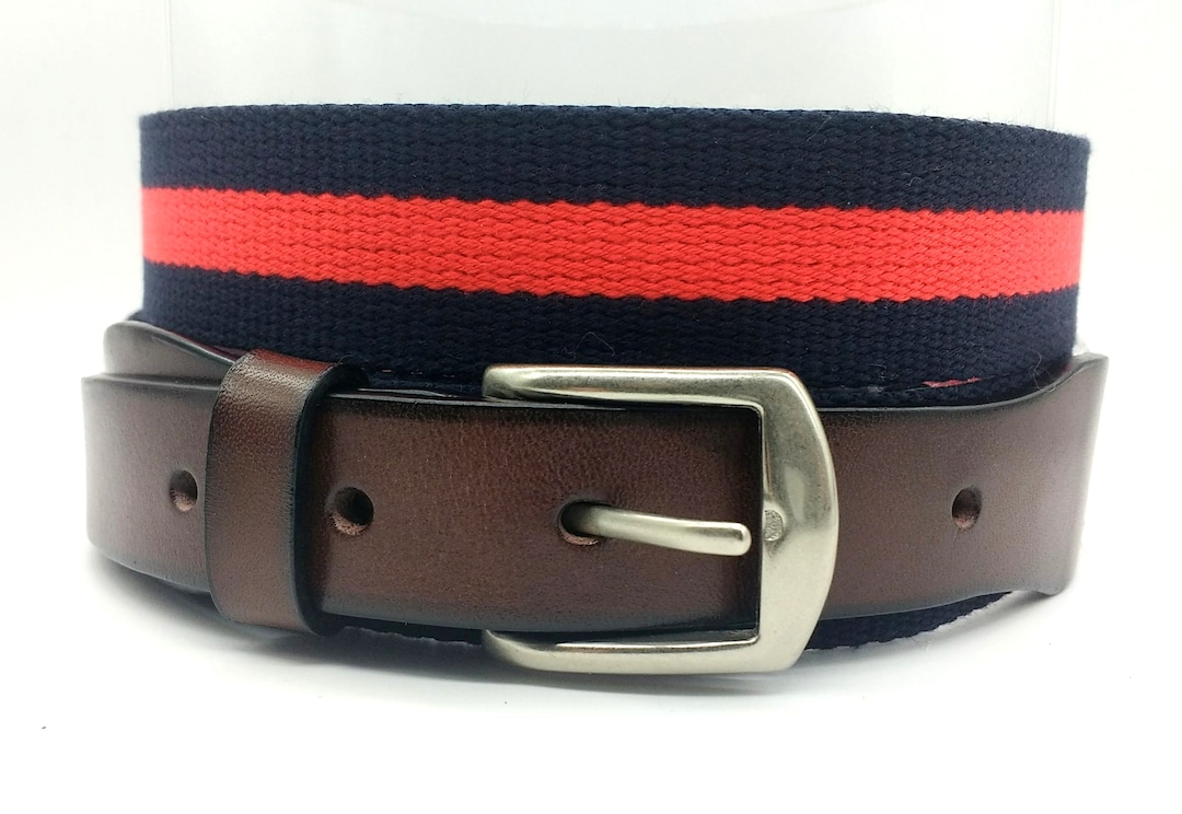 Navy Woven Webbing With Red Stripe/top Grain Leather Tabs With Solid ...
