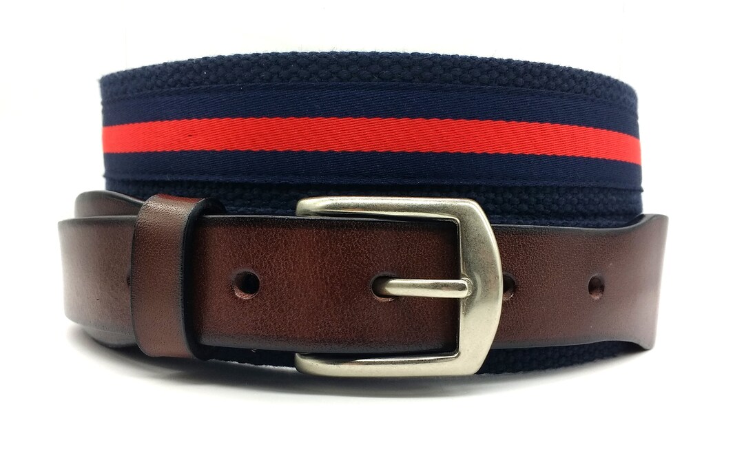 Men's Navy Stripe Collegiate Belts/preppy Twill Woven Navy and Red ...
