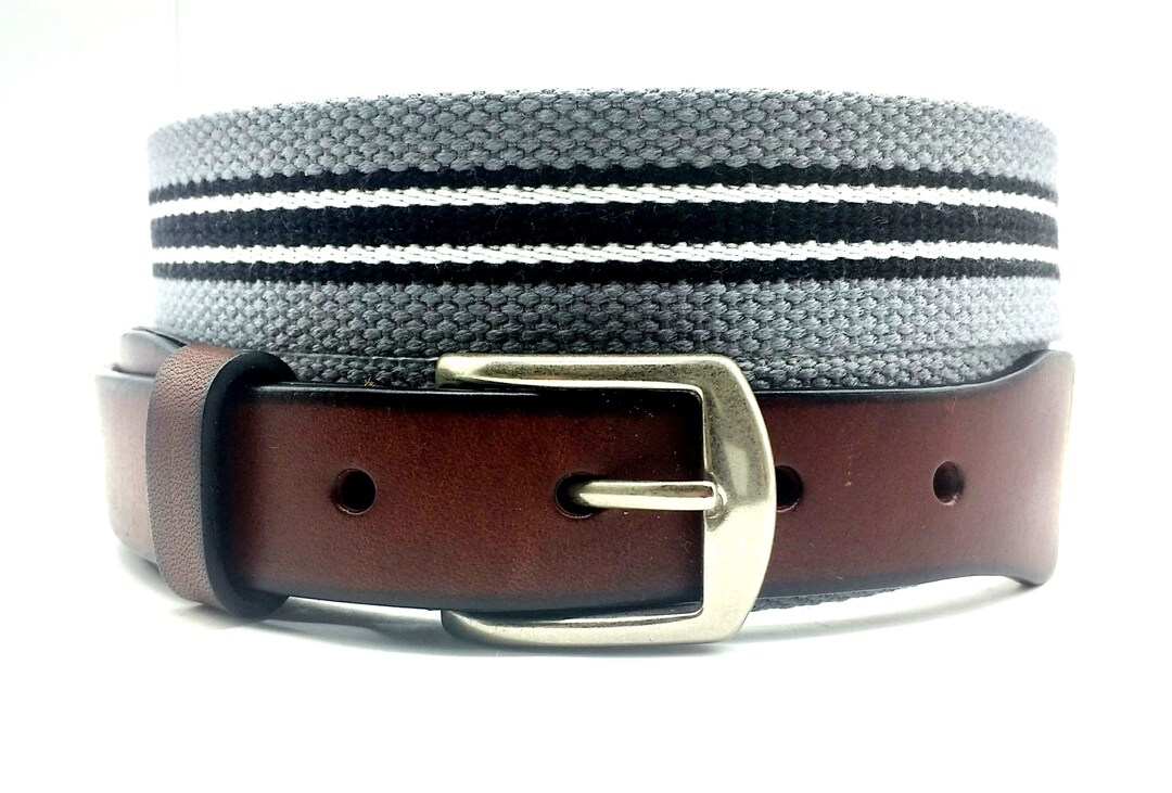 Woven Webbing Belt/gray, Black and White/leather Tabs/ Solid Brass ...