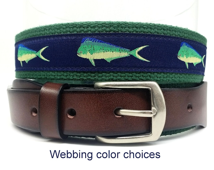 Mahi Mahi Jacquard Ribbon Belt/preppy Belt/ Dolphin Belt/ Top Grain ...