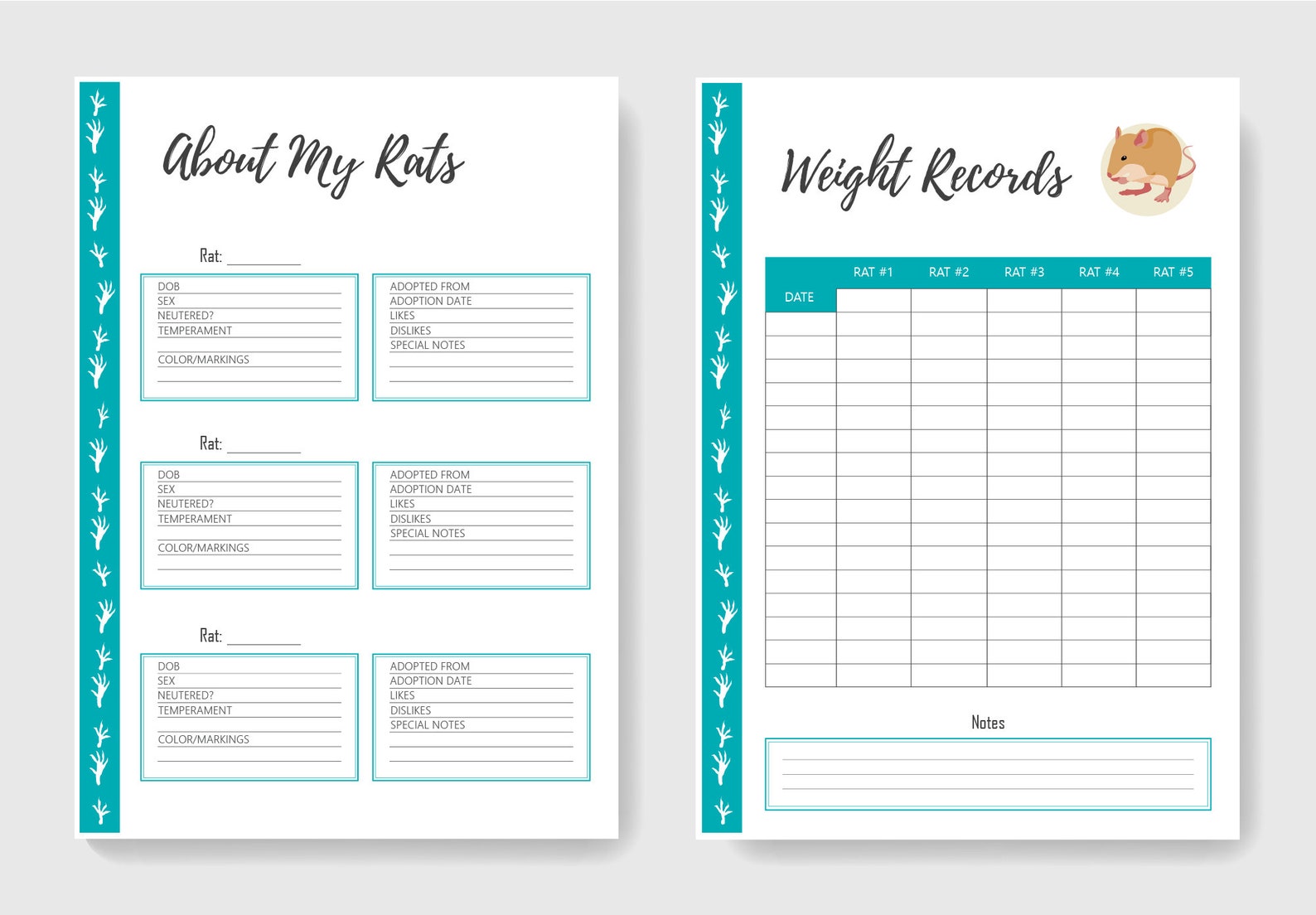 Rat Care Planner - PDF Printable - Rat Care Sheets, Rat Medical Records ...