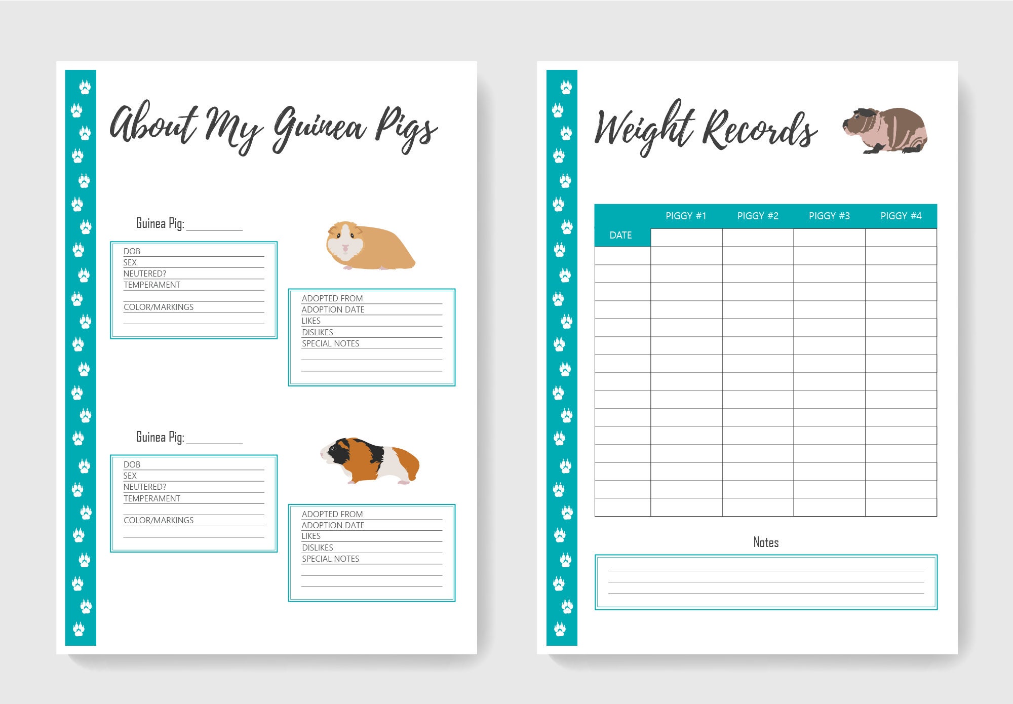 Guinea Pig Care Planner - PDF Printable - Guinea Pig Care Sheets ...