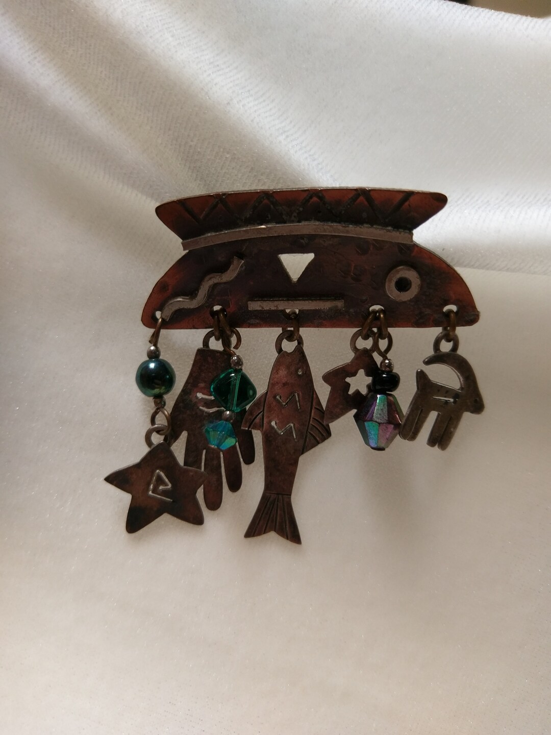 Vintage Hammered Copper Brooch With Beads and Sterling Silver Charms ...