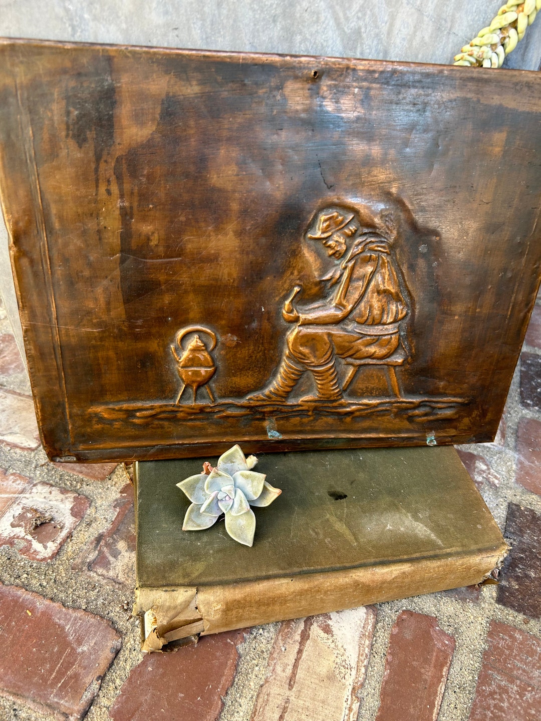 Vintage Copper Art Man With Kettle and Pipe And - Etsy