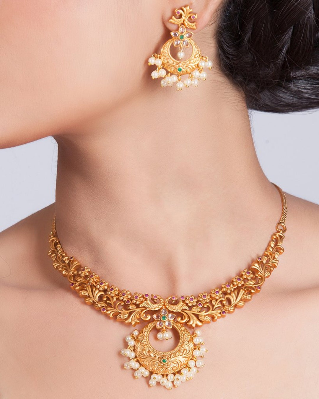 Tarinika Chahel Antique Gold Plated Short Necklace Chandbali Earring Indian Jewelry Set South Indian Temple Jewelry Set Gift for Her Etsy