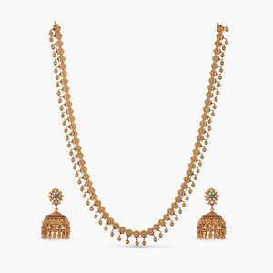 Tarinika Dara Antique Gold Plated Long Necklace & Jhumka Earring Indian ...