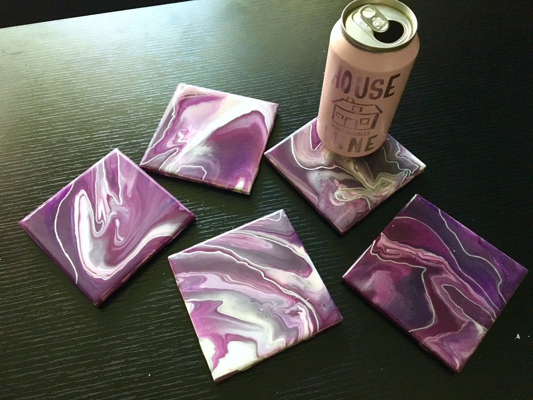 Purple Geode Coasters| 6 Piece Tile Coaster Set| Original Fluid Acrylic ...