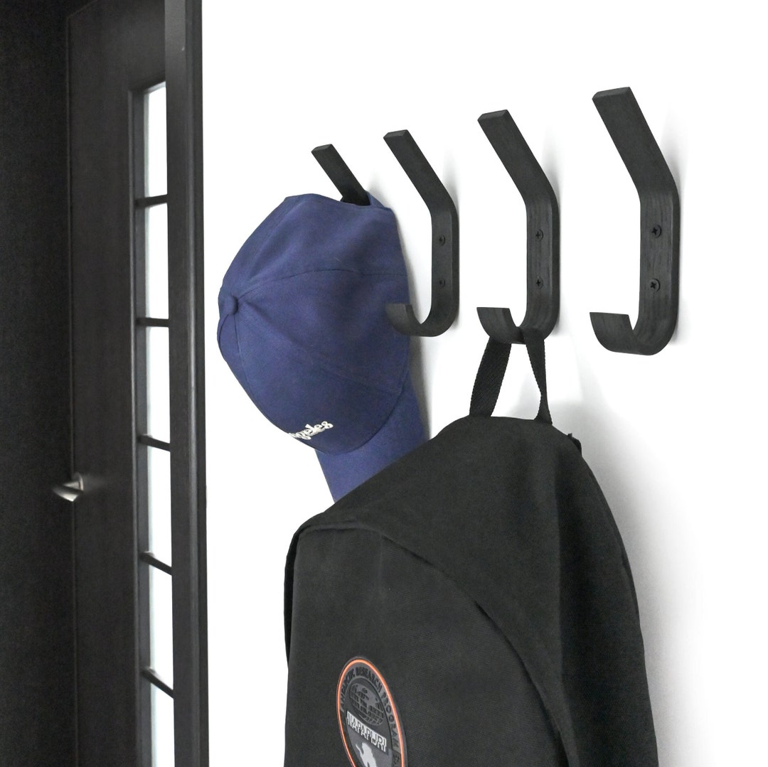 4 Wooden Hooks, Mounted Wood Wall Hooks, Single Black Hooks for Home ...