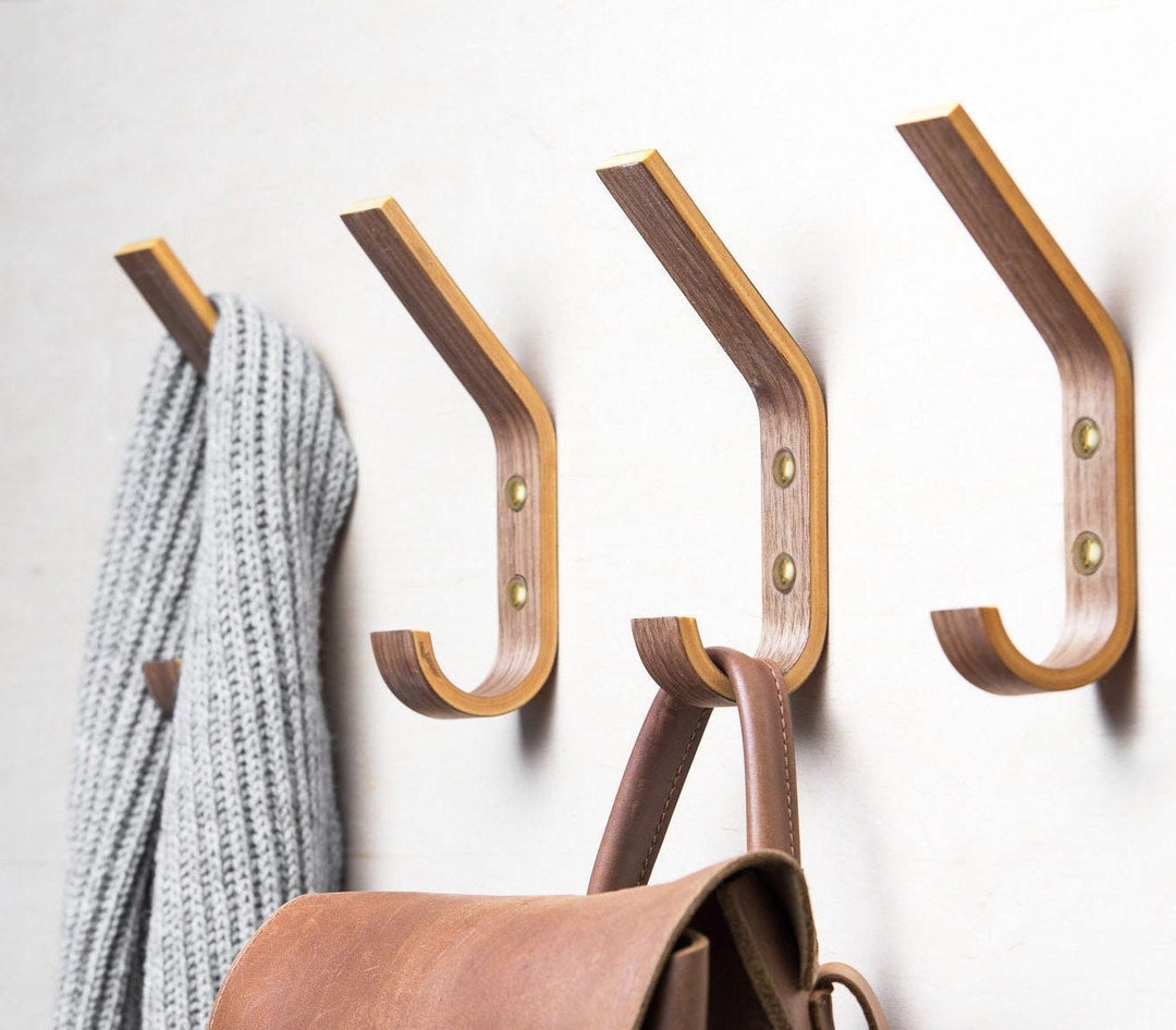 Set of 4 Wooden Mounted Single Wall Hooks for Storage Organisation in ...