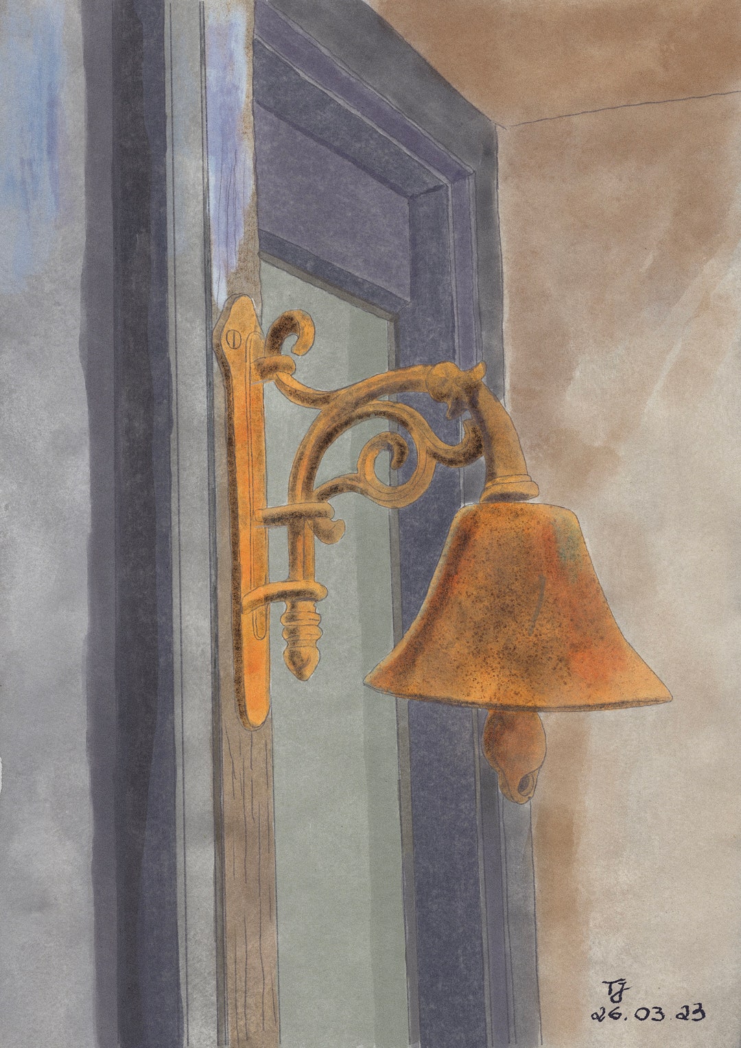 Broken Bell, in Watercolour and Colour Pencils and Ink, Printable in ...