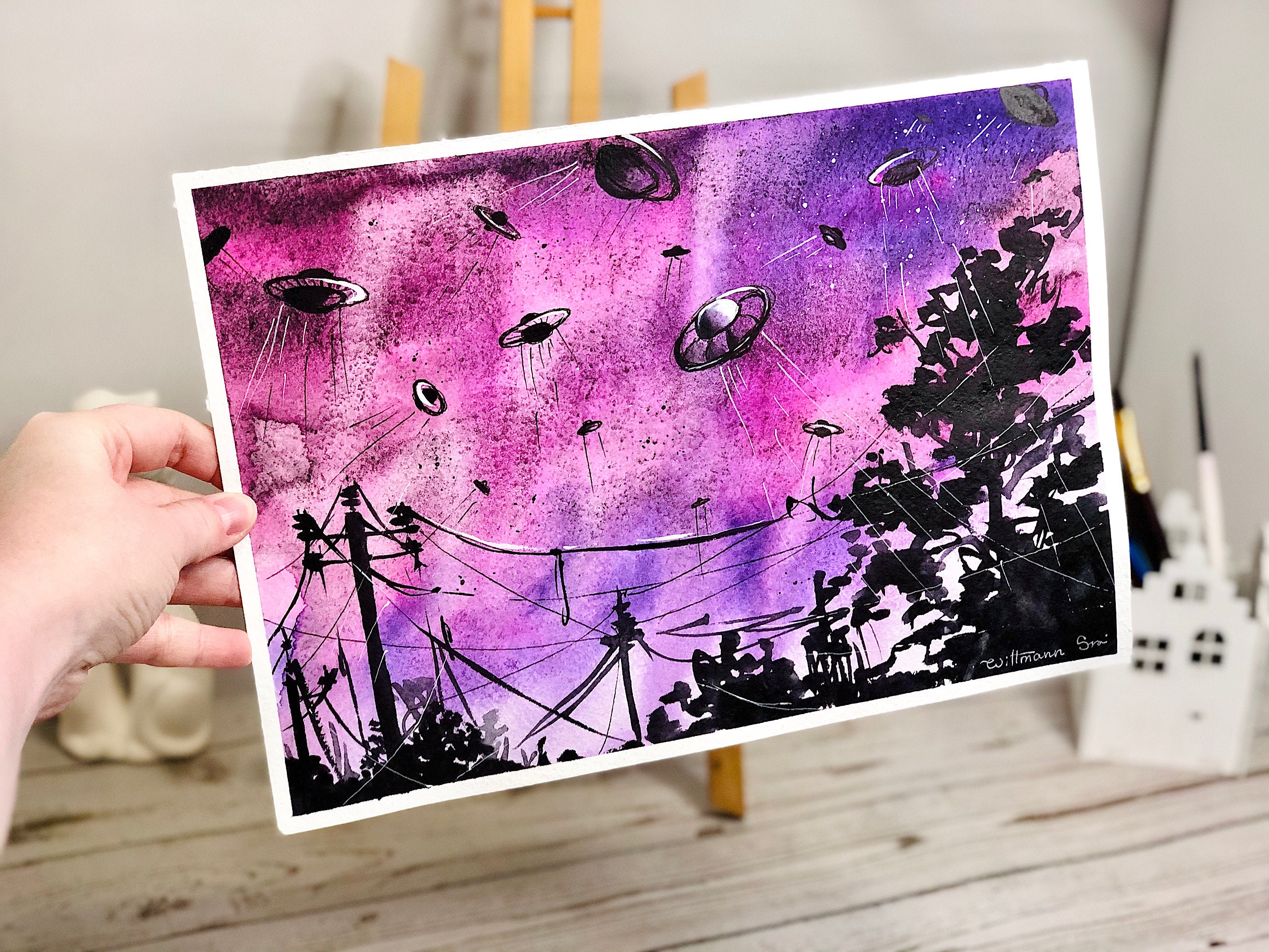 Alien Painting Space Original Art Galaxy Watercolor Wall Art | Etsy