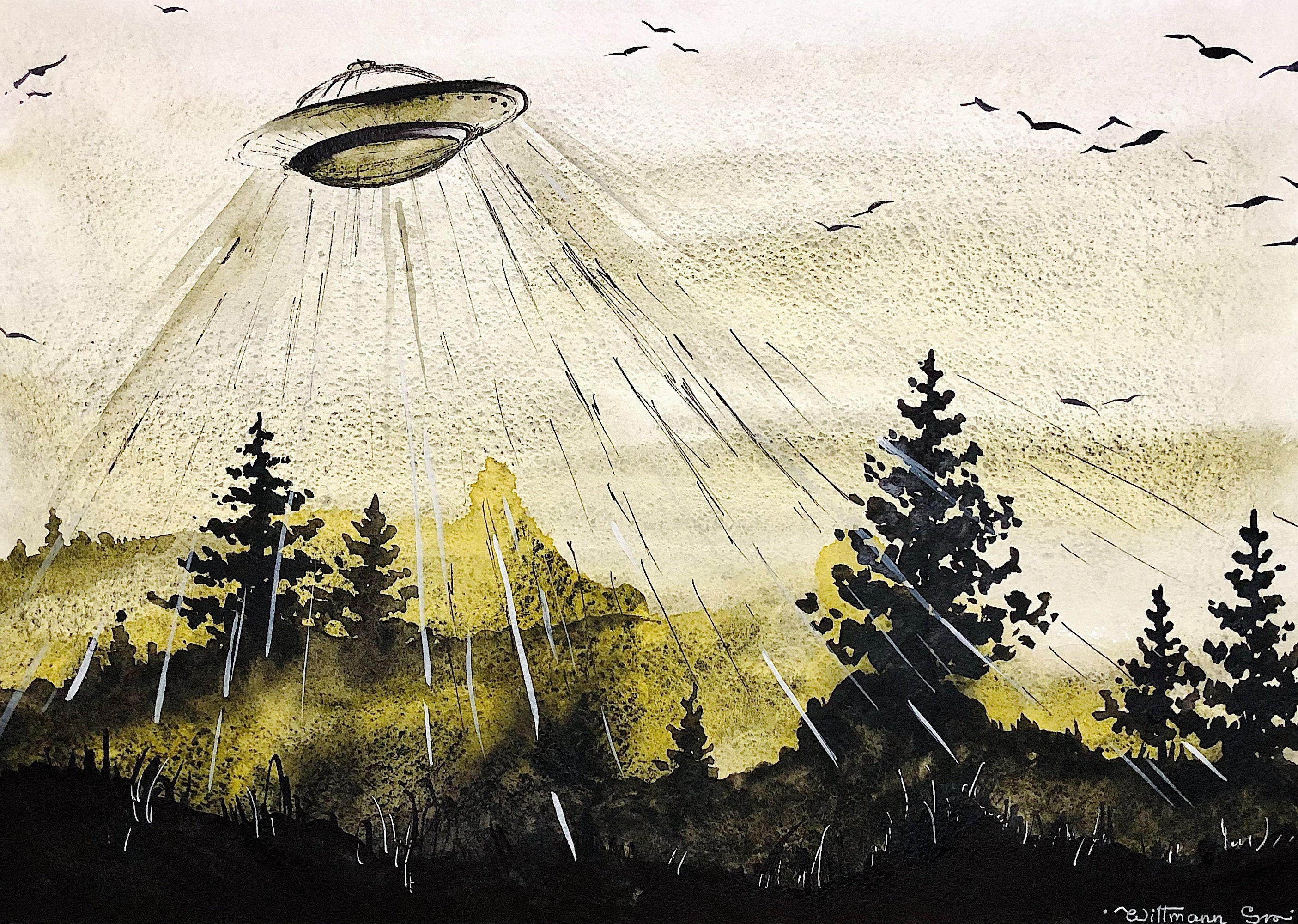 Alien Painting Landscape Original Art UFO Watercolor Artwork | Etsy