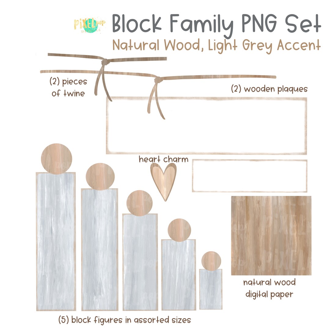 Wooden Block Family PNG Set Natural Wood Light Grey Accents With ...