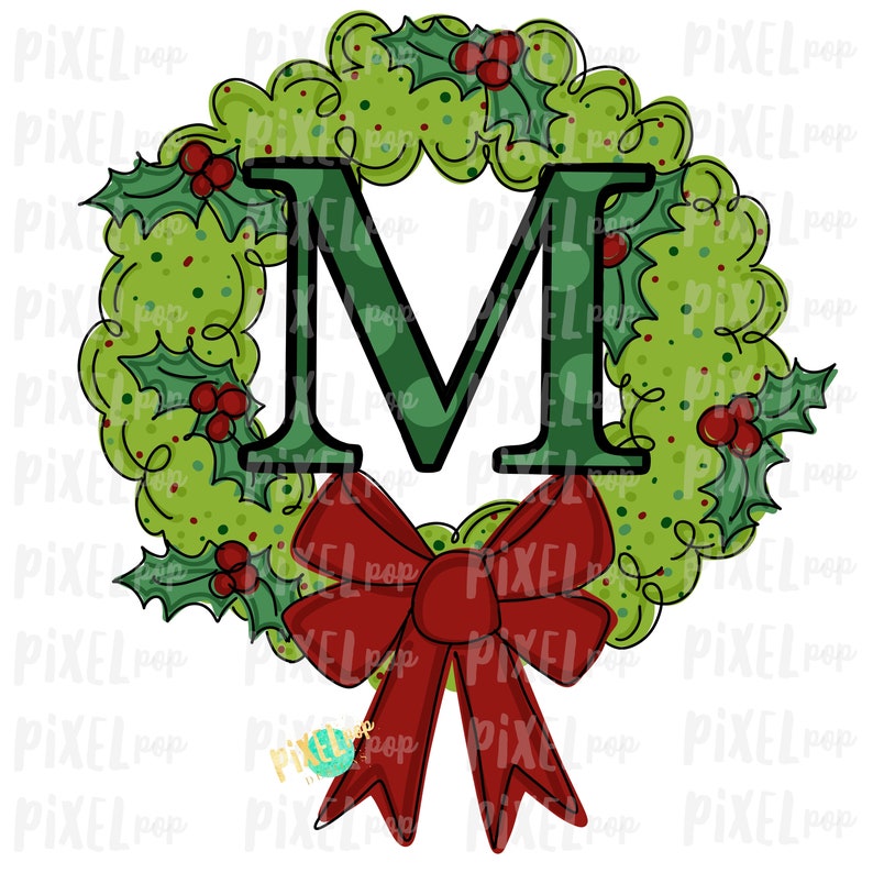 Whimsical Holly Wreath With M Monogram PNG Christmas - Etsy