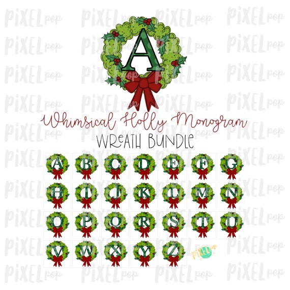 Whimsical Holly Monogram Wreath Bundle PNG Set Christmas - Etsy