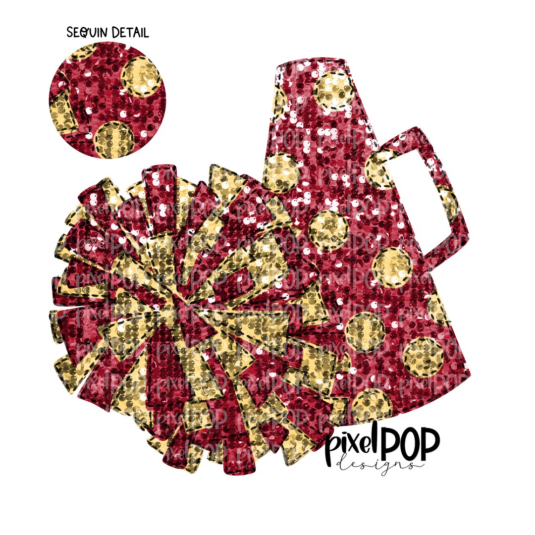 Cheerleading Megaphone and Poms Sequin Glitter Maroon and Gold PNG ...