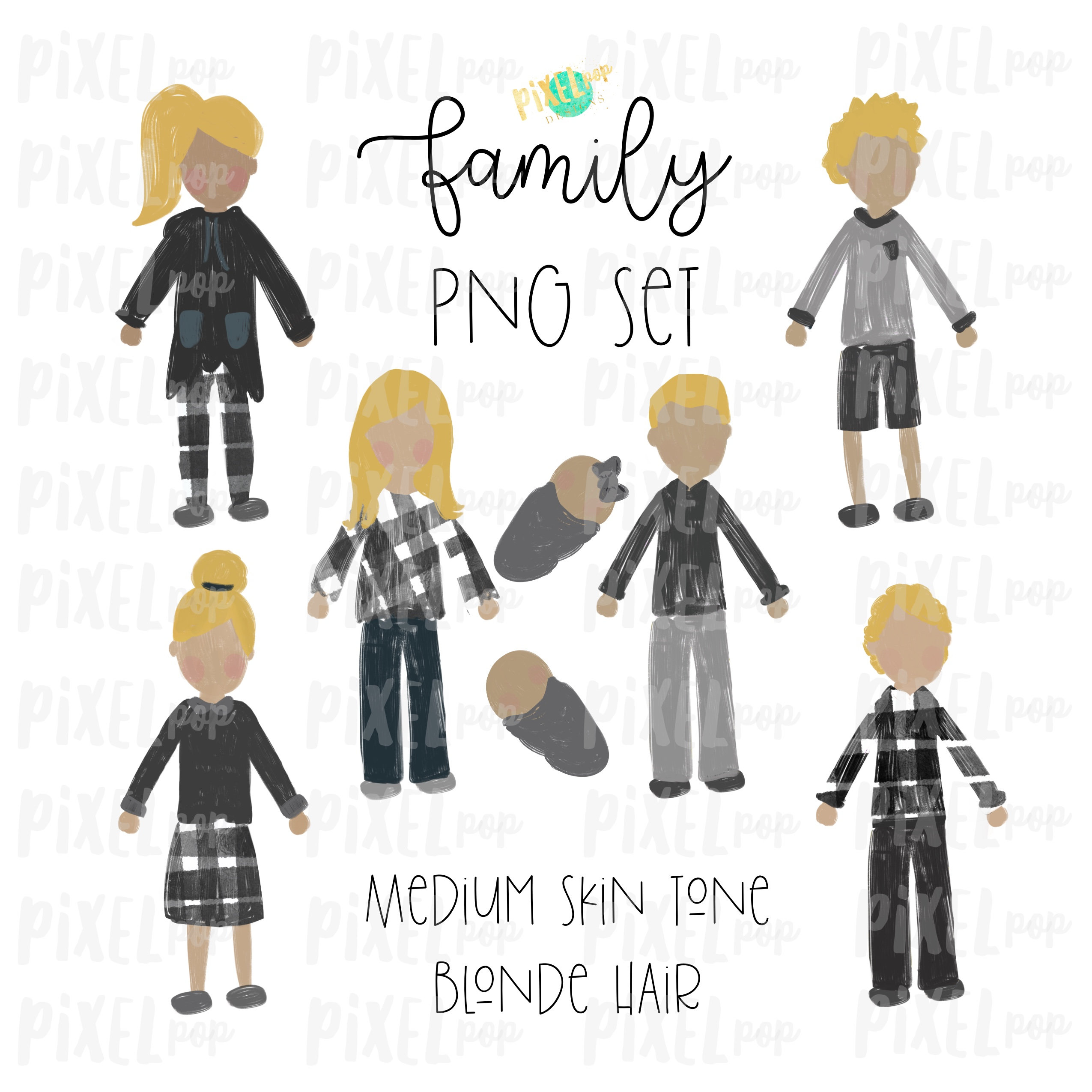 Medium Skin Blonde Hair Stick People Figure Family Members PNG | Etsy