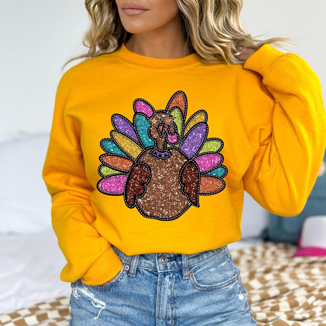 Turkey With Sunglasses Thanksgiving Fall Faux Glitter Applique PNG ...