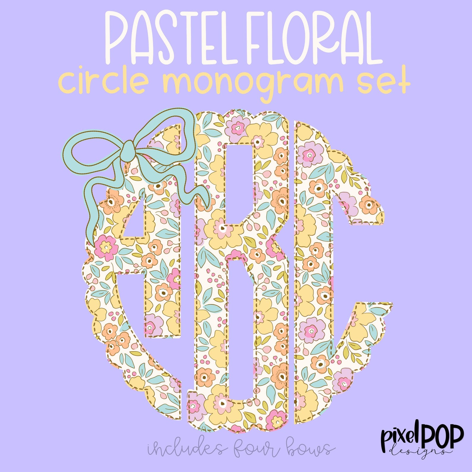 Pastel Floral Circle Monogram Set With Bows Coquette PNG Set Scalloped ...