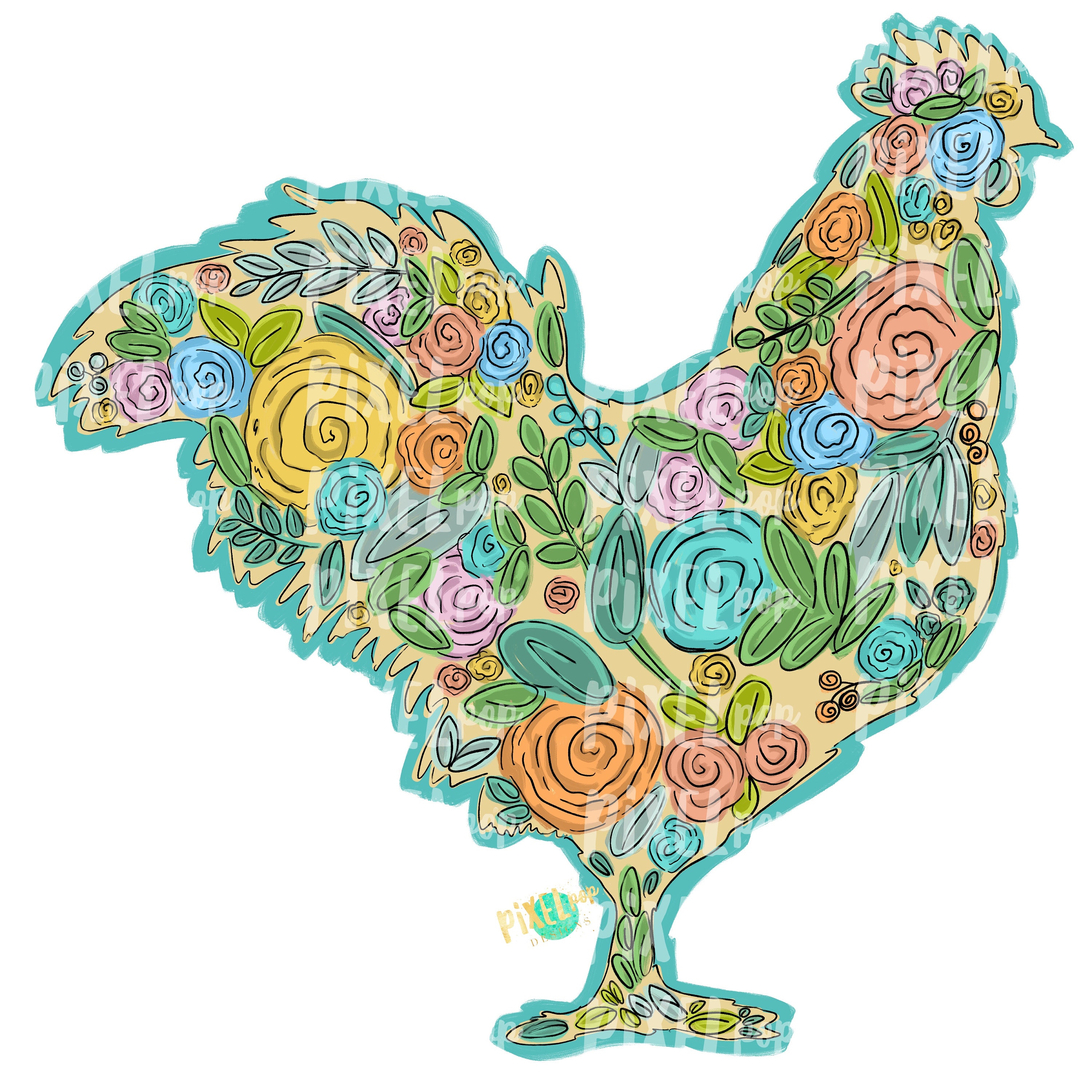 Floral Chicken Silhouette PNG | Chicken Art | Hand Painted Sublimation ...