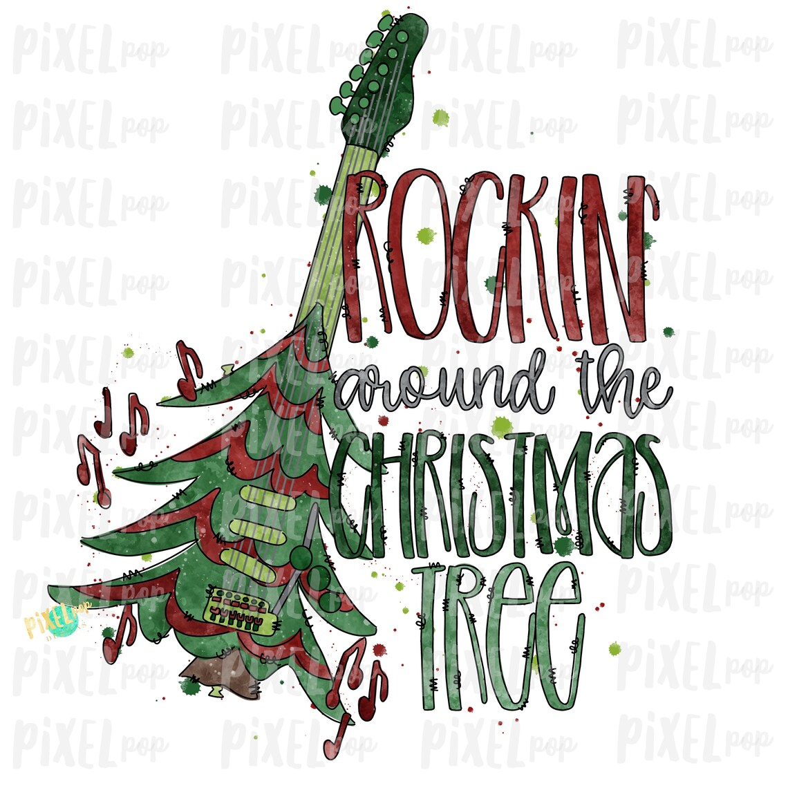 Guitar Rockin' Around the Christmas Tree Art Sublimation PNG | Hand ...