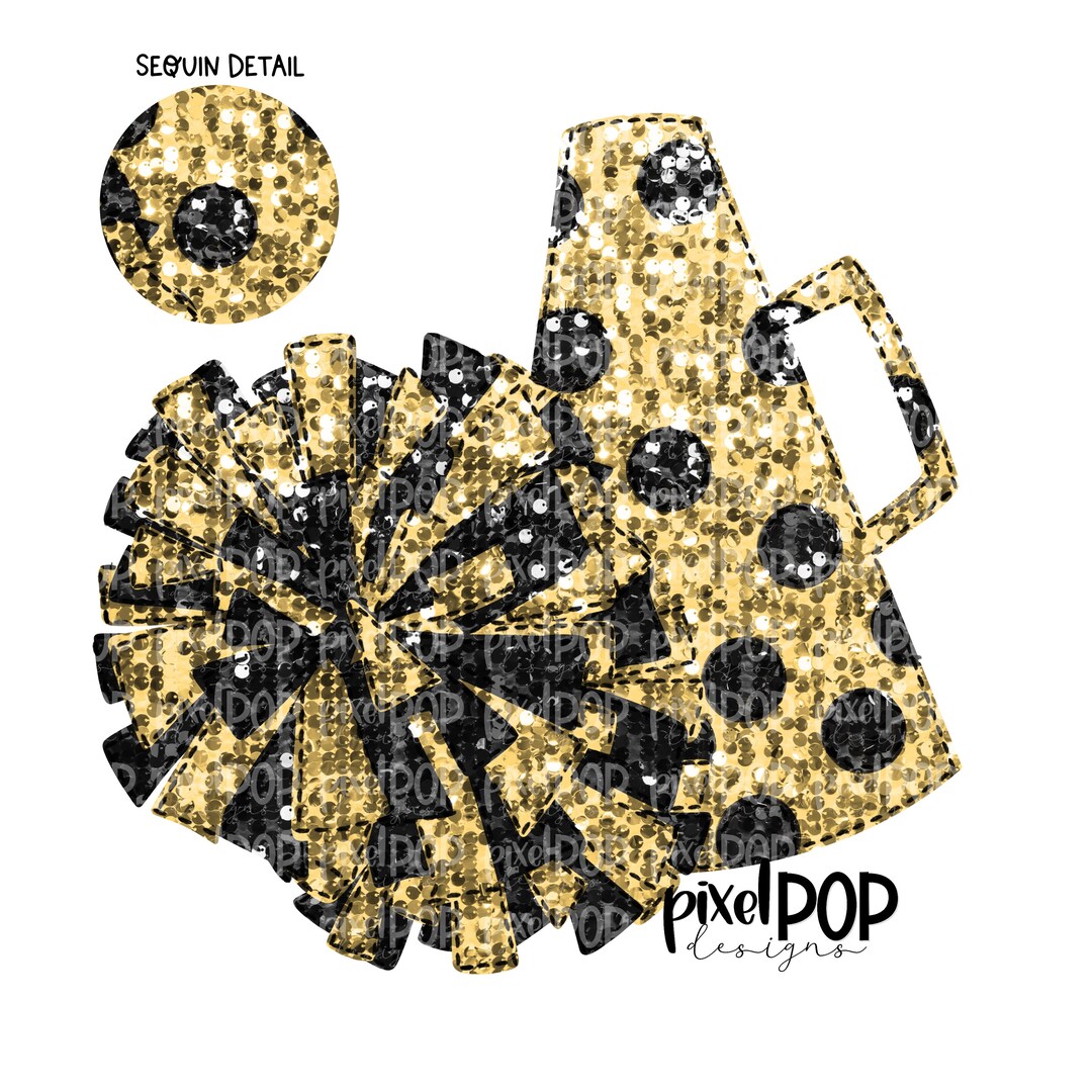 Cheerleading Megaphone and Poms Sequin Glitter Gold and Black PNG ...