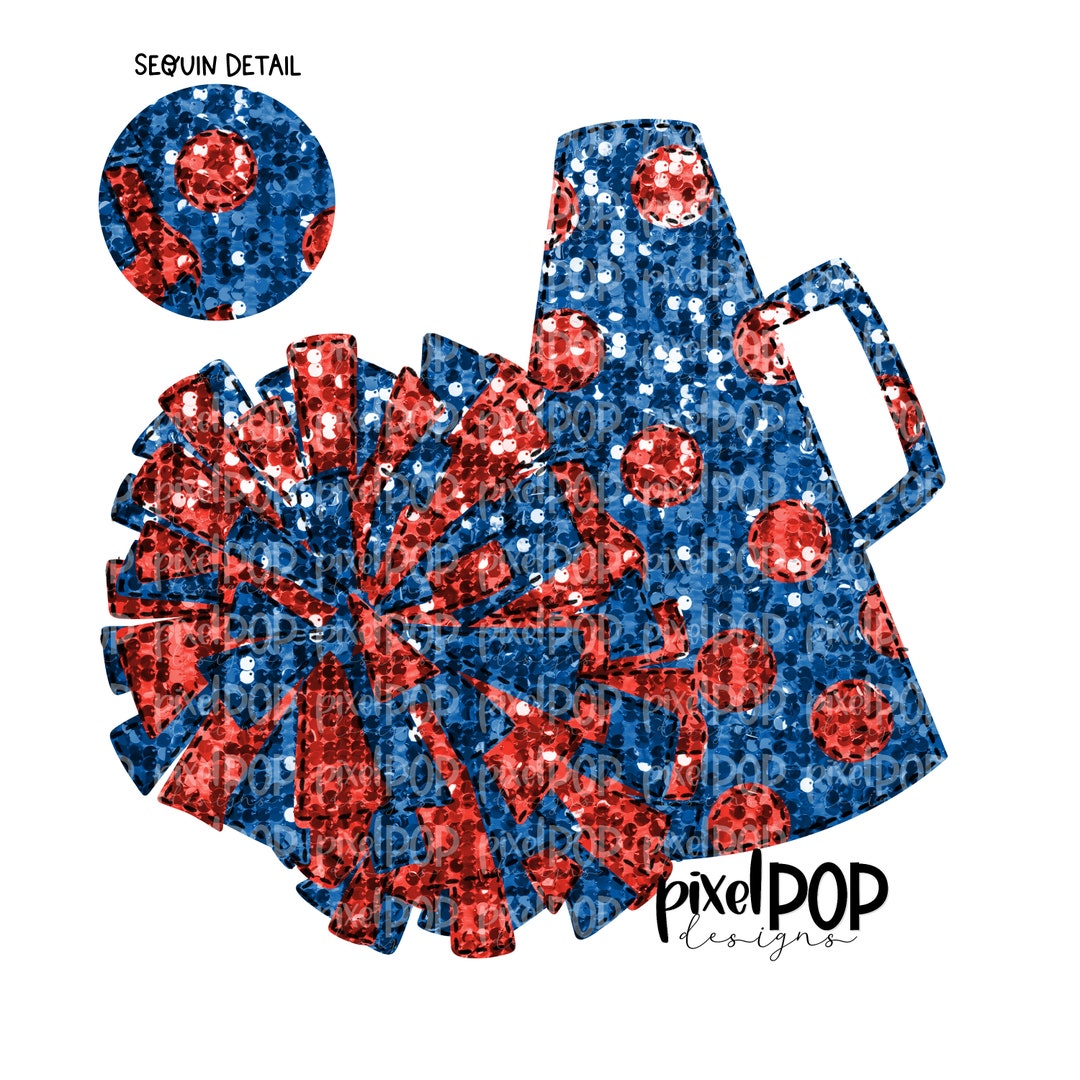 Cheerleading Megaphone and Poms Sequin Glitter Blue and Red PNG Cheer ...