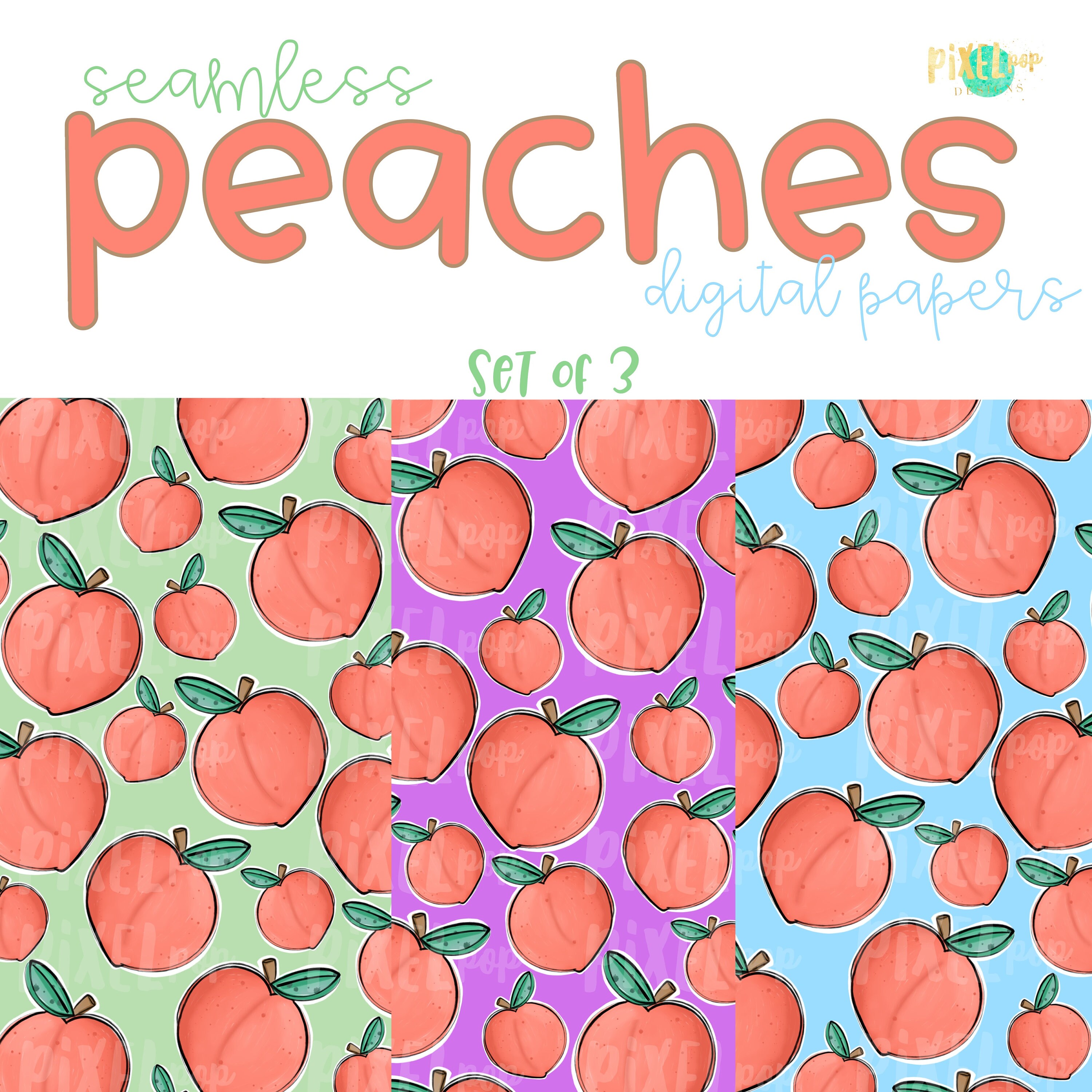 Peaches Seamless Digital Paper Set of Three PNG | Hand Painted Peaches ...