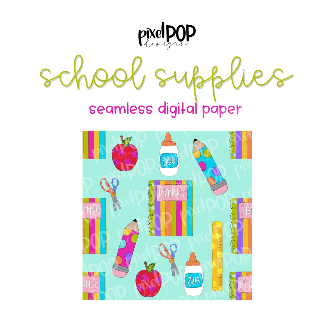 School Supplies Seamless Digital Paper PNG | School Art | Hand Painted ...
