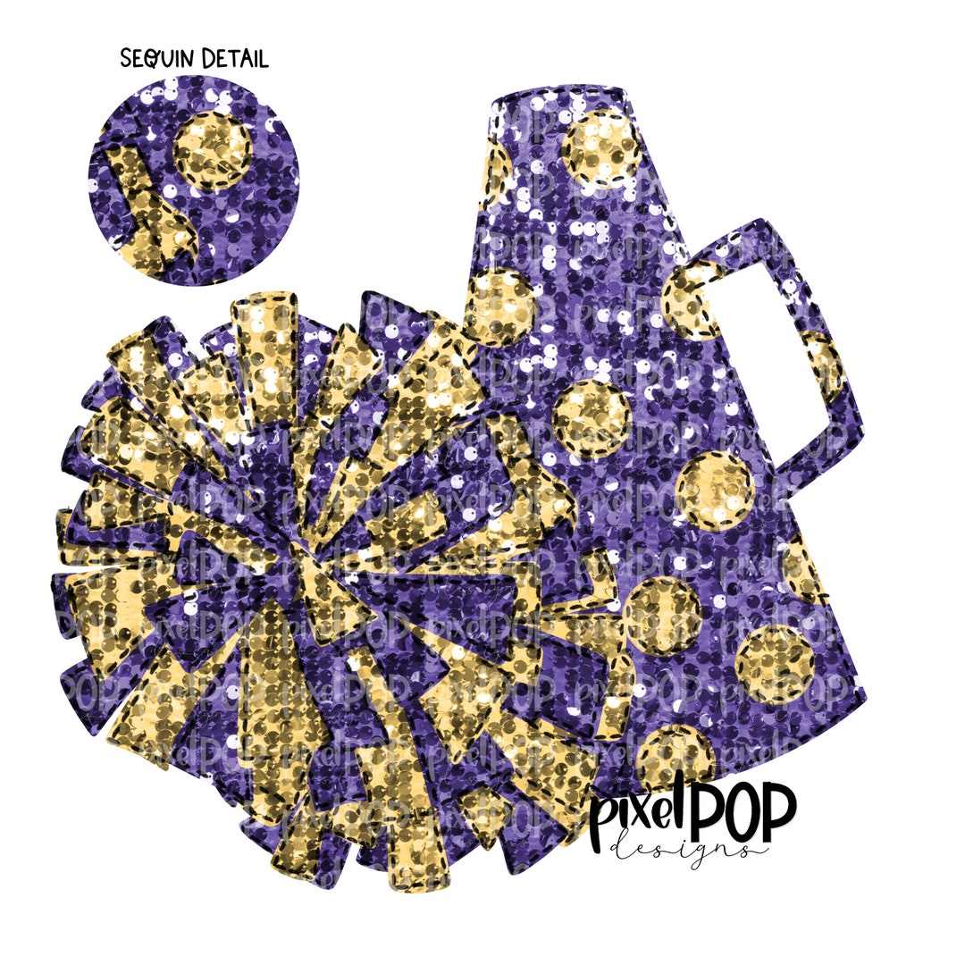 Cheerleading Megaphone and Poms Sequin Glitter Purle and Gold PNG ...