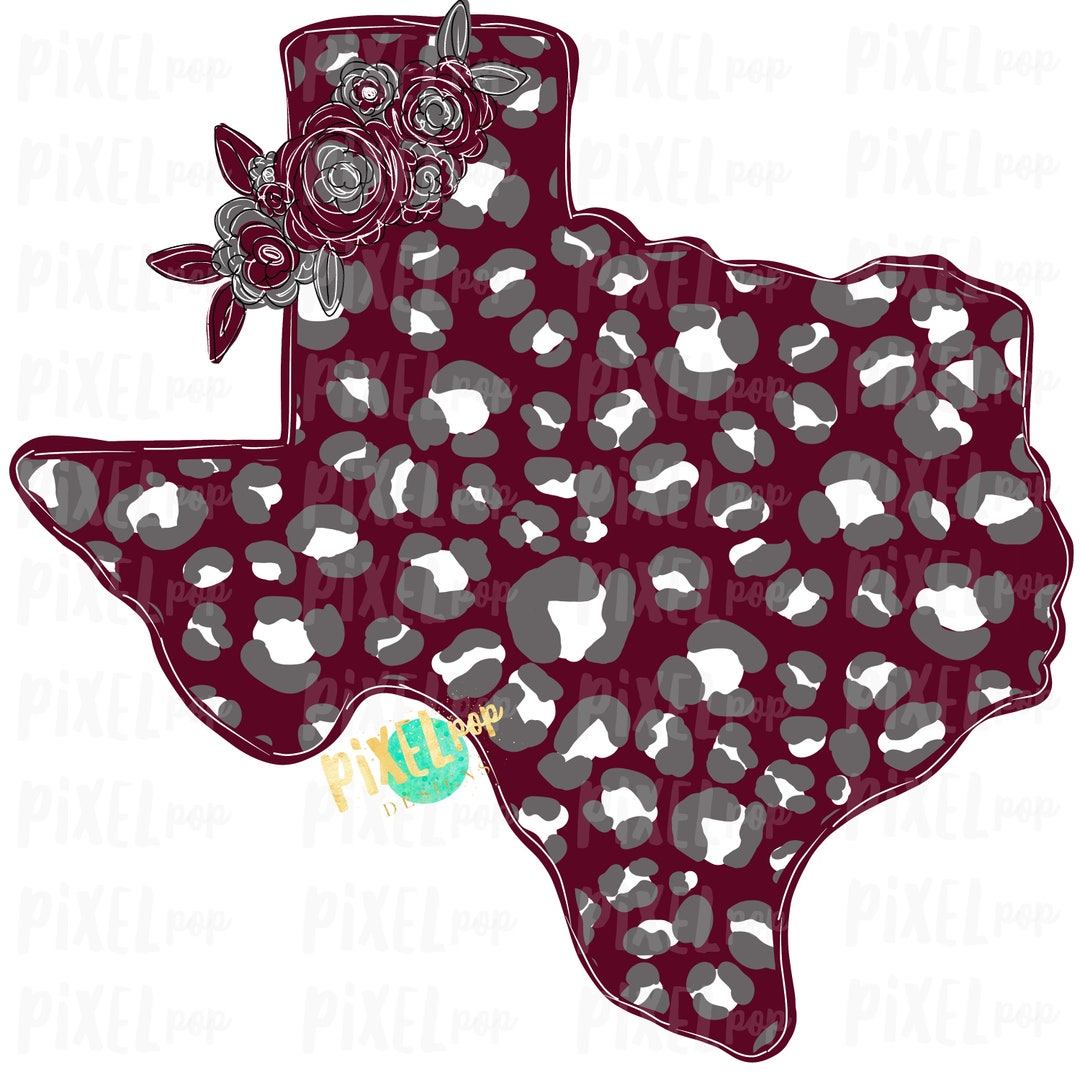 State of Texas Shape Maroon Leopard Flowers Hand Drawn PNG ...