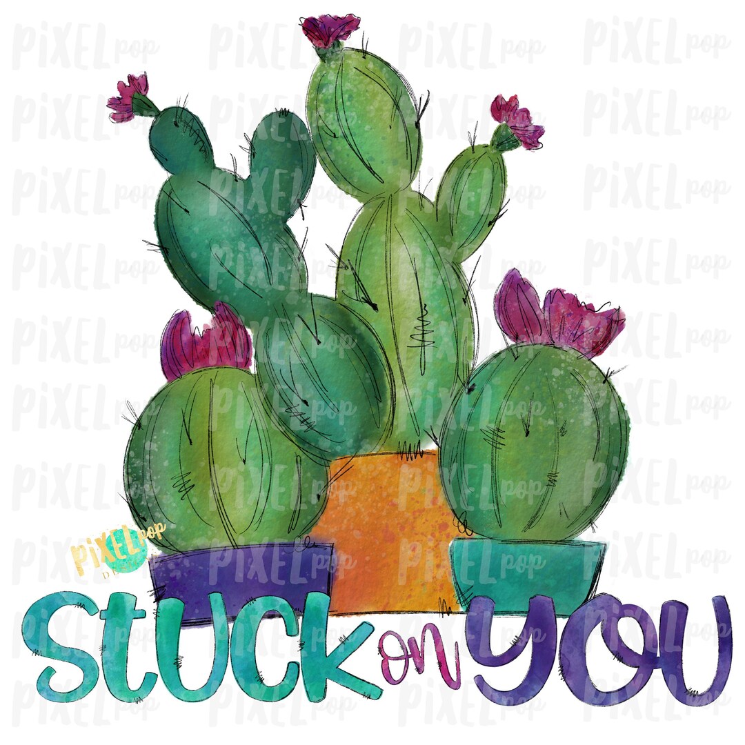 Stuck on You Cactus Valentine Watercolor Sublimation PNG | Valentines ...