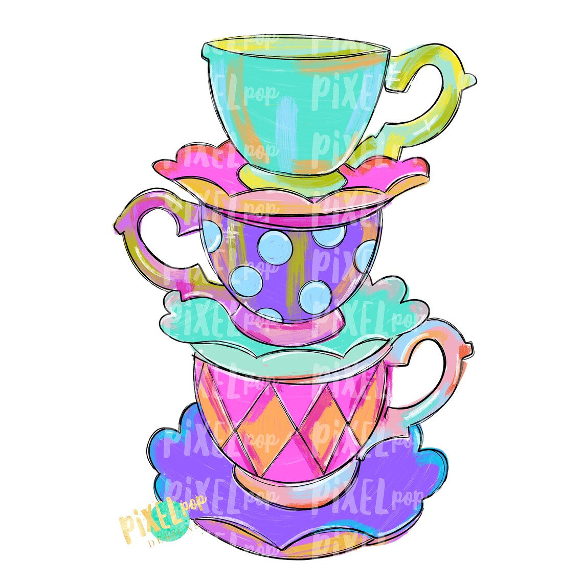 Funky Tea Cups PNG Stacked Tea Cups Tea Time Tea Cup Art - Etsy